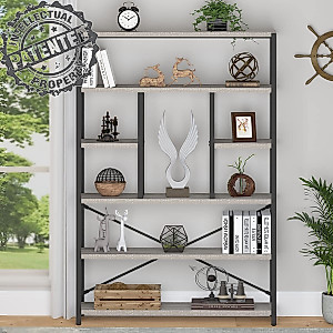LVB Industrial 6 Tier Bookshelf, Large Tall Open Rustic Vintage Etagere Bookcase, Gray Big Wide Modern Farmhouse Wood and Metal Book Shelf for Home Bedroom Living Room Office Storage, Light Grey Oak