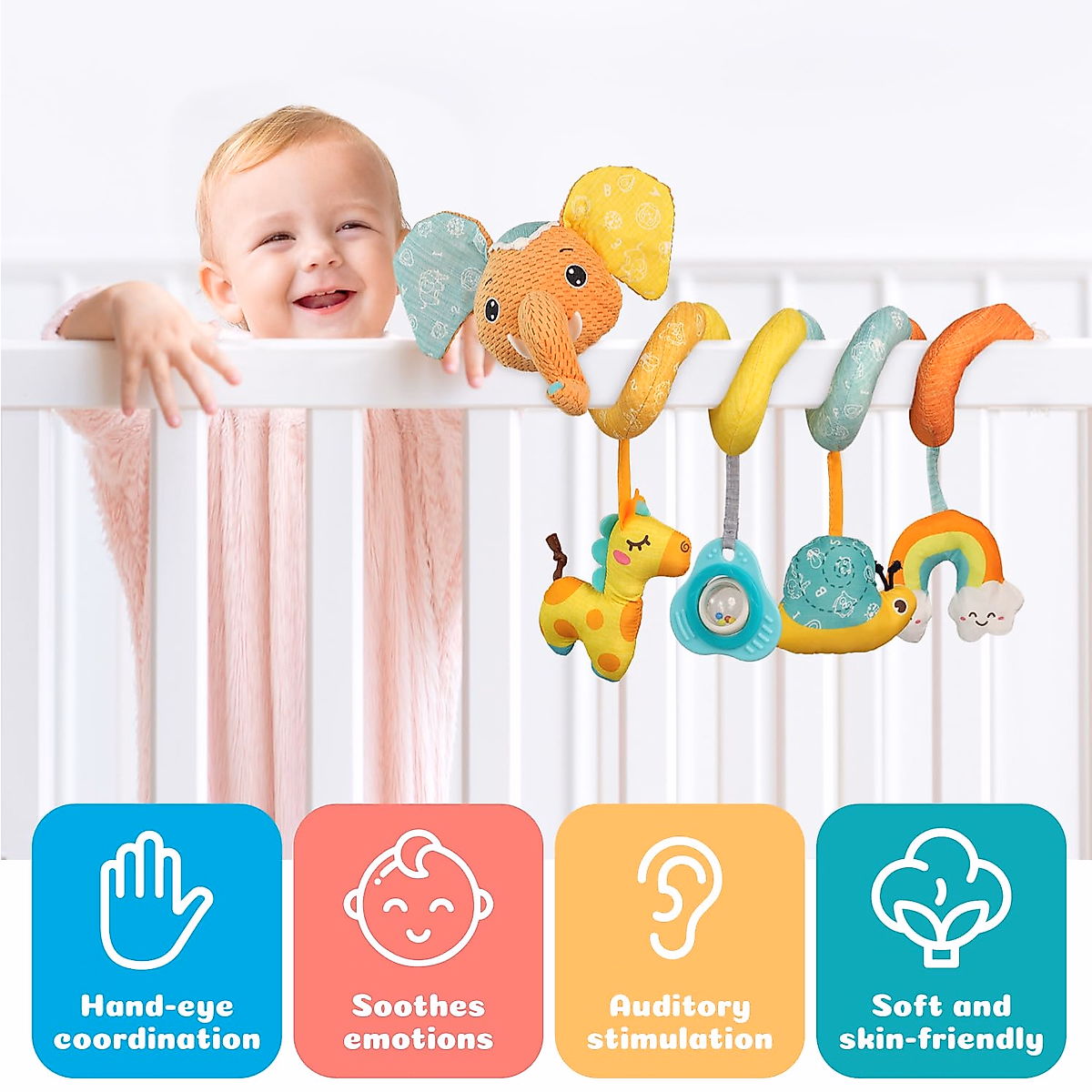 EverLove Spiral Car Seat Toys - Hanging Toys - Stroller Toys for Babies - Best Gift for 0 3 6 9 12 Months Baby (Colorful Elephant)