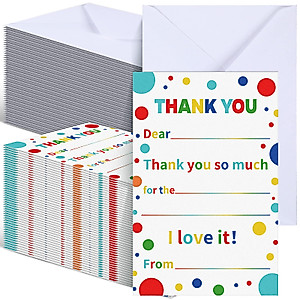 Sherr 200 Pcs Kids Thank You Card with Envelopes Fill in the Blank Rainbow Thank You Notes Birthday Postcard Colorful Dot Cardstock Confetti Appreciation Greeting Gift for Boy Girl Graduation