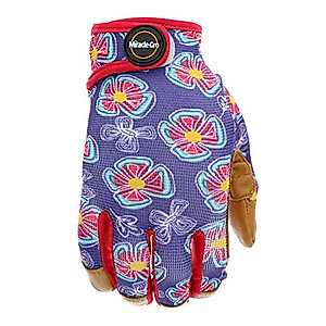 Miracle-Gro MG86212 Durable Fit Gloves – [Tan/Purple Floral Print, Medium/Large], Goatskin Leather Palm Gloves