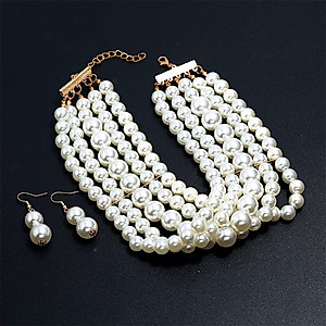 Wekicici Pearl Necklace Earrings Set Multi-Layer Pearl Choker Necklace Costume Accessories for Women