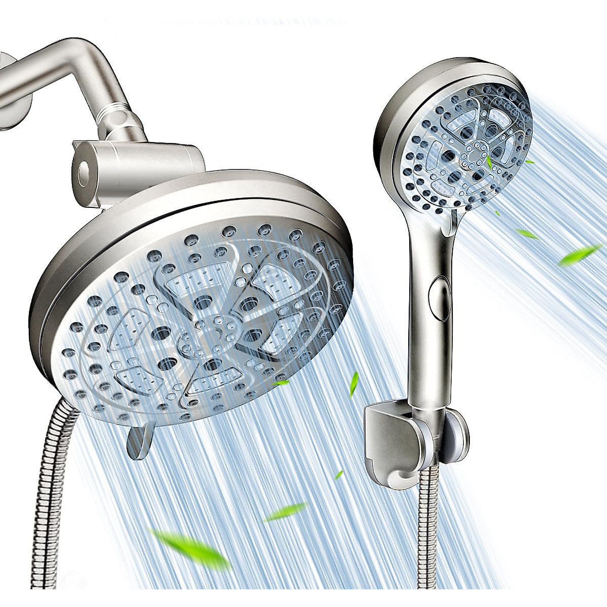 Shower Head With Handheld Combo, 7 Inch High Pressure Rainfall Showerhead With Hand Held 60 Inch Hose for Bath - One Click for High Pressure/Trickle Mode handheld Anti-leak Nozzles - Universal Fit