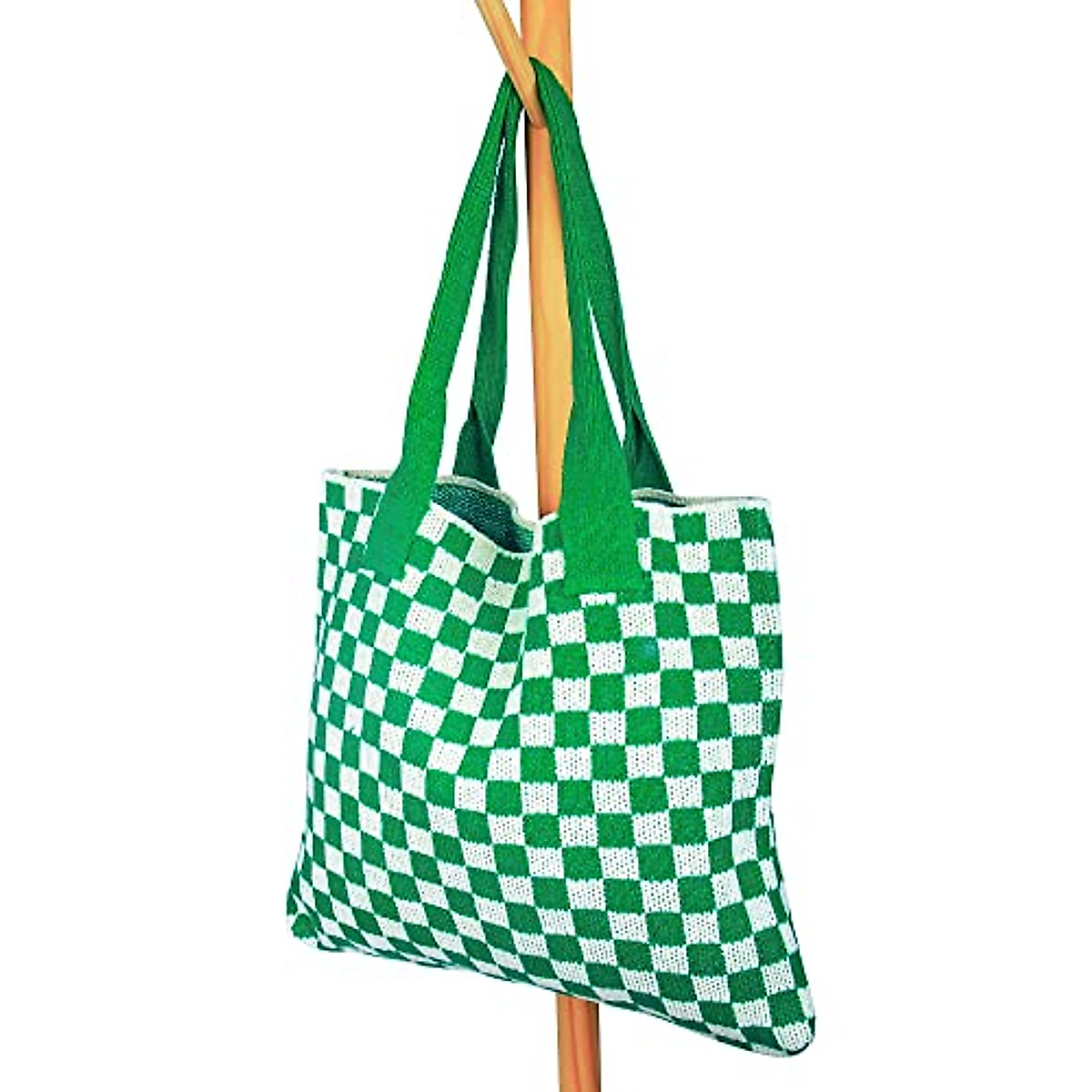 Stizimn Crochet Tote Bag for Women Shoulder Bag Handbags Knitting Hobo Bag Aesthetic Handmade Weaving Large Capacity (Checkerboard Pattern Green)