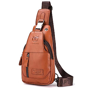 BULLCAPTAIN Leather Men's Sling Backpack Multi-pocket Crossbody Chest Bags Travel Hiking Daypack with Earphone Hole (brown 2)