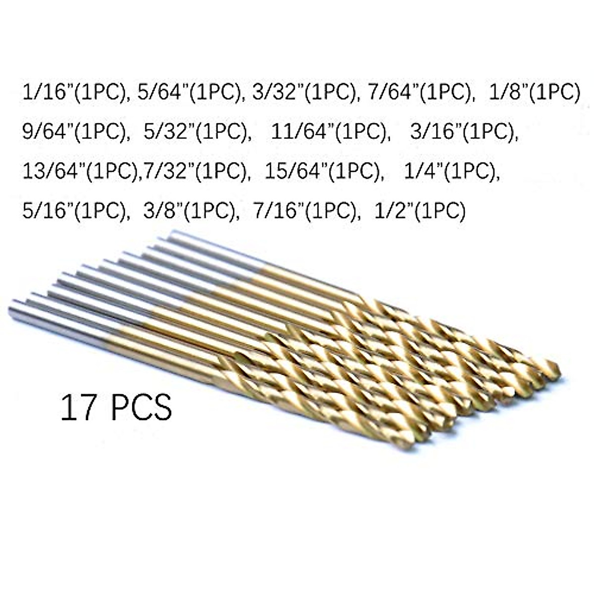 17pcs Titanium Coated Twist Drill Bit Set 1/16" - 1/2" for Metal Steel