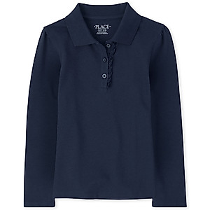 The Children's Place Girl's Long Sleeve Ruffle Pique Polo, Tidal, Small