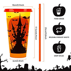 VoziSpace Halloween Decorations Color Changing Reusable Cups with Lids and Straws - 12 Pack 24 oz Plastic Tumblers Bulk with Lids and Straws - Reusable for Party Cups