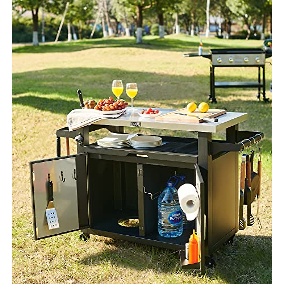 NUUK Pro 42-Inch Rolling Outdoor Kitchen Island and BBQ Serving Cart, with Heavy Duty Wooden Cutting Board and Propane Tank Holder