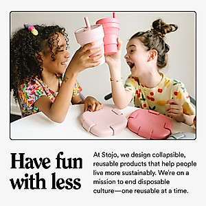 STOJO Jr Collapsible Travel Cup with Straw for Kids - Peony Pink, 8oz / 250ml - Leak-Proof Reusable To-Go Pocket Size Silicone Bottle for Hot & Cold Drinks - Camping & Hiking - Dishwasher Safe