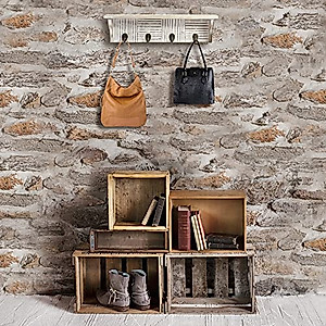 ZONECYTD Rustic 17" Small Wood Farmhouse Entryway Hat Floating Wall Shelves Mounted Shelf, Hanging Purse Bag Backpack Shelves for Wall Decor with Hooks for Kitchen Bedroom Bathroom, White