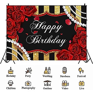 Happy Birthday Photography Background Woman Floral Birthday Party Backdrop Adult Men Woman Party Decor Red Roses Floral Pearl Black and Gold Stripes Backdrop Baby Shower Cake Table Banner (6X4FT)