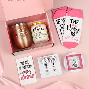 Nurse Gifts for Women - Graduation Set, Graduation Gifts for Her, Nurse Appreciation Gift, Birthday Set, 8 Pieces Gift for Nursing Worker with 12oz Wine Tumbler (Pink)