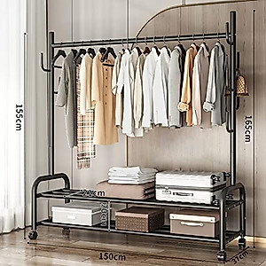 GAOZHE Industrial Pipe Clothing Rack Clothing Racks On Wheels, Retail Clothes Rack with Wheels Vintage Garment Rack with Shelves (Color : Black, Size : 150 * 37 * 165cm)