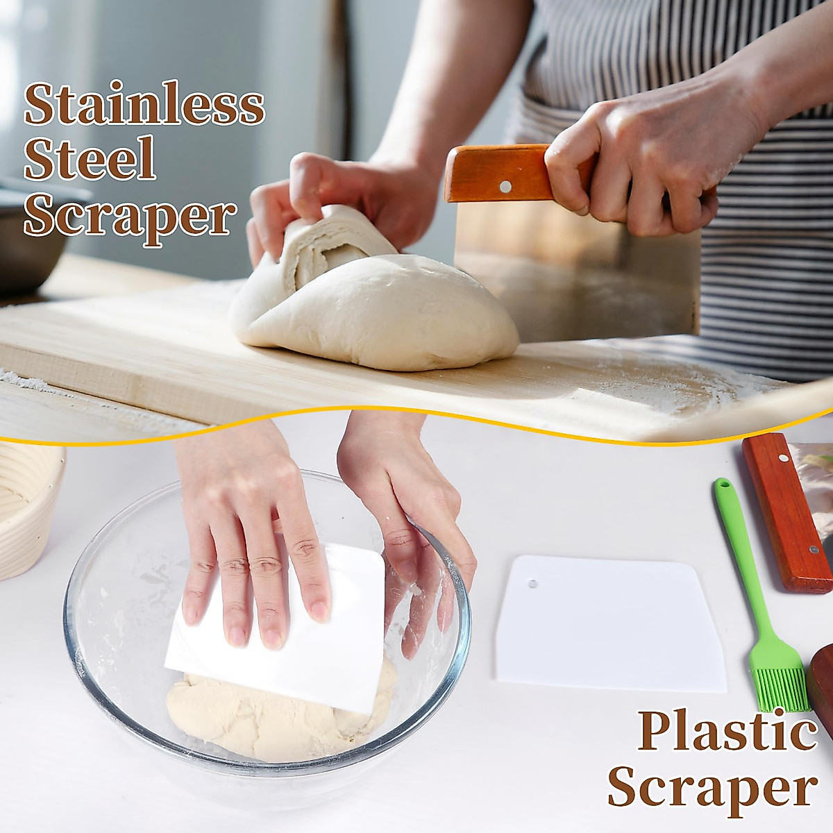 Lokeisna Bread Proofing Basket Set of 2, 10 Inch Round &Oval Cane Sourdough Proofing Basket with Bread Baking Supplies-Bread Lame, Danish Whisk, Bowl Scraper & Dough Scraper, Wonderful gift for Bakers