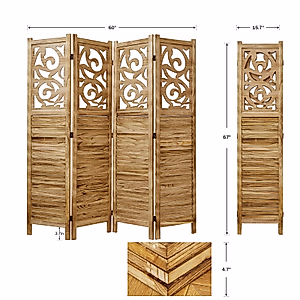 Svimi Folding Room Divider, 5.6Ft 4 Panels Wood Carved Privacy Screens, Free Assembled Freestanding Portable Reversible Functional Decorative Partition for Home Office Restaurant Bedroom (Wood)