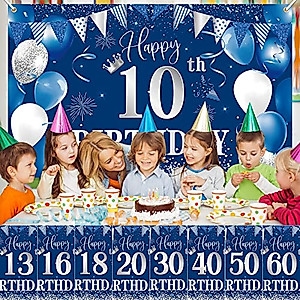 10th Birthday Banner Backdrop,BTZO Happy 10th Birthday Decorations,Blue Silver Fabric Photo Backdrop Background for Boys and Girls 10th Birthday Party,70.8 x 43.3Inch