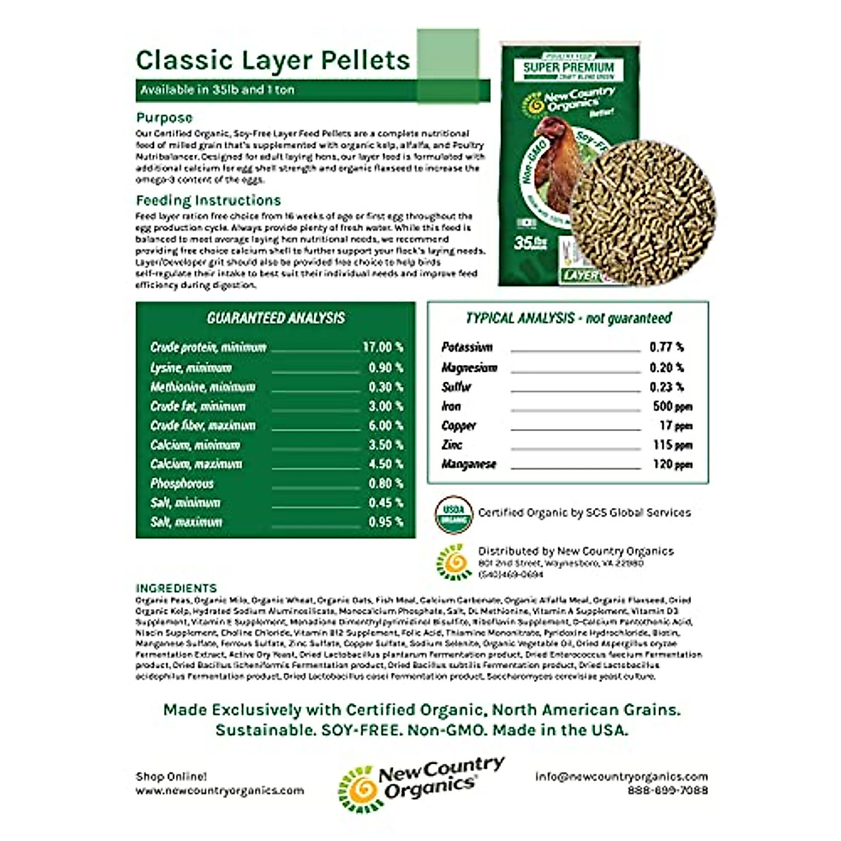 New Country Organics Soy-Free Layer Pellets for Laying Hens, 35 lbs