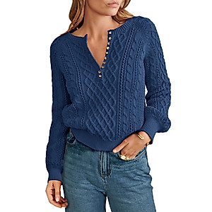 KIRUNDO Womens Sweaters 2024 Fall Winter Henley Long Sleeve Button Crew Neck Cable Knit Loose Cropped Sweater Pullover(Blue, Medium)