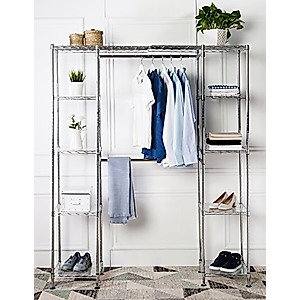 Amazon Basics Expandable Metal Hanging Storage Organizer Rack Wardrobe with Shelves, 14"-63" x 58"-72", Chrome & Collapsible Fabric Storage Cubes Organizer with Handles, Beige - Pack of 6