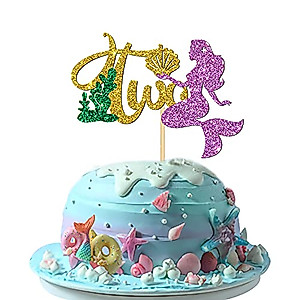 Mermaid Two Happy Birthday Cake Topper with Coral Shell, Under The Sea Theme / Mermaid 2nd Baby Shower Cake Pick, I'm One Sign, Mermaid Princess Birthday / Wedding / Pool Party Supplies