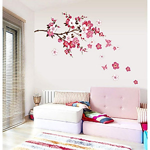 SWORNA Nature Series Branch Pink Flowers & Butterfly Removable Vinyl Mural Wall Art Decor Home Stickers Decals Bedroom/Hallway/Sitting/Living Room/Kids Nursery (29.5’’H X 65’’W, Brown & Pink,X-L)