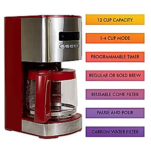 Kenmore Aroma Control 12-Cup Programmable Coffee Maker, Red and Stainless Steel Drip Coffee Machine, Glass Carafe, Reusable Filter, Timer, Digital Display Charcoal Water Filter, Regular or Bold