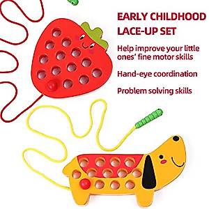 GEMEM Wooden Lacing Threading Toys Fine Motor Skill Toys for 3 Year Old Educational and Learning Montessori Toddler Travel Toy 1 Strawberry and 1 Dog