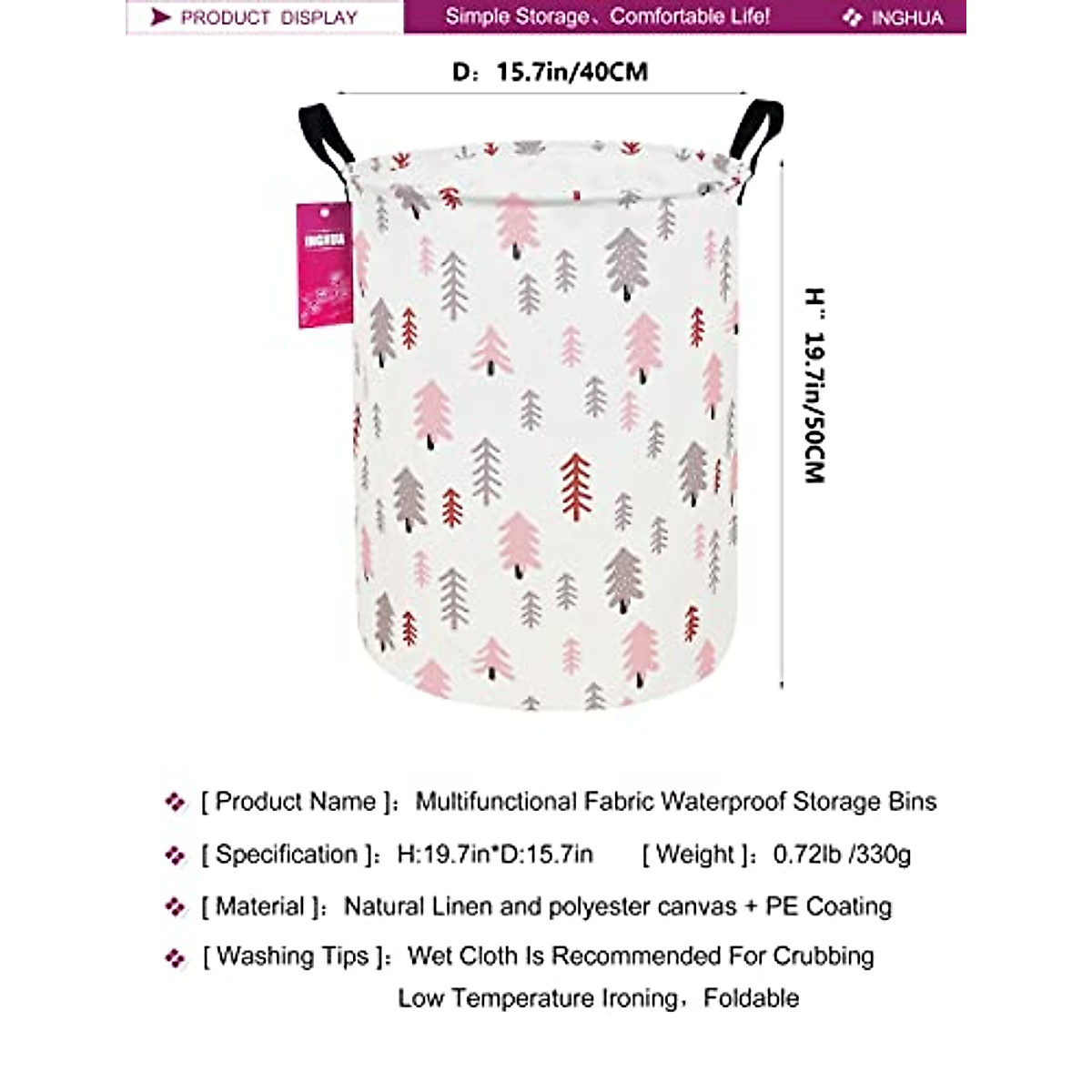 INGHUA Laundry Hamper Large Canvas Fabric Lightweight Storage Basket/Toy Organizer/Dirty Clothes Collapsible Waterproof for College Dorms, Boys and Girls Bedroom,Bathroom(Pink pine tree)