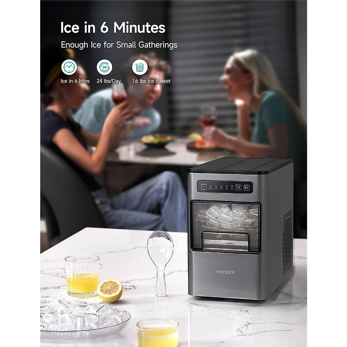 HiCOZY Ice Maker Countertop,Ice in 6 Mins, 24 lbs/Day, Portable & Compact Gift with Self-Cleaning,for Apartment/Under Cabinet/Kitchen/Office/Camping/RV/Home Bar(Black Gray)