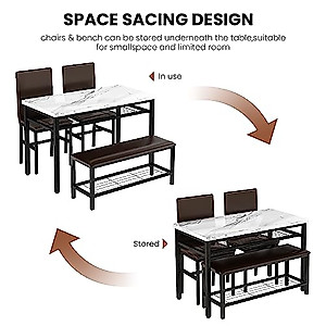 Lamerge Kitchen Table and 2 Chairs for 4 with Bench,Faux Mable Dining Table Set for 4 w/Storage Rack,Dining Room Table Set Dinner Table for Small Spaces, Apartment,White+Brown