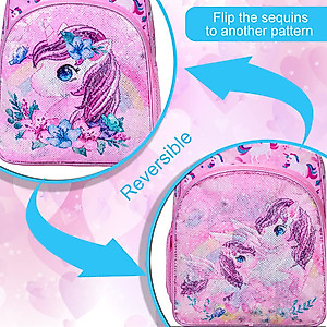 UFNDC 3PCS Unicorn Backpack for Girls, 16”Kids Sequin Bookbag with Lunch Box, School Bag for Elementary Toddler