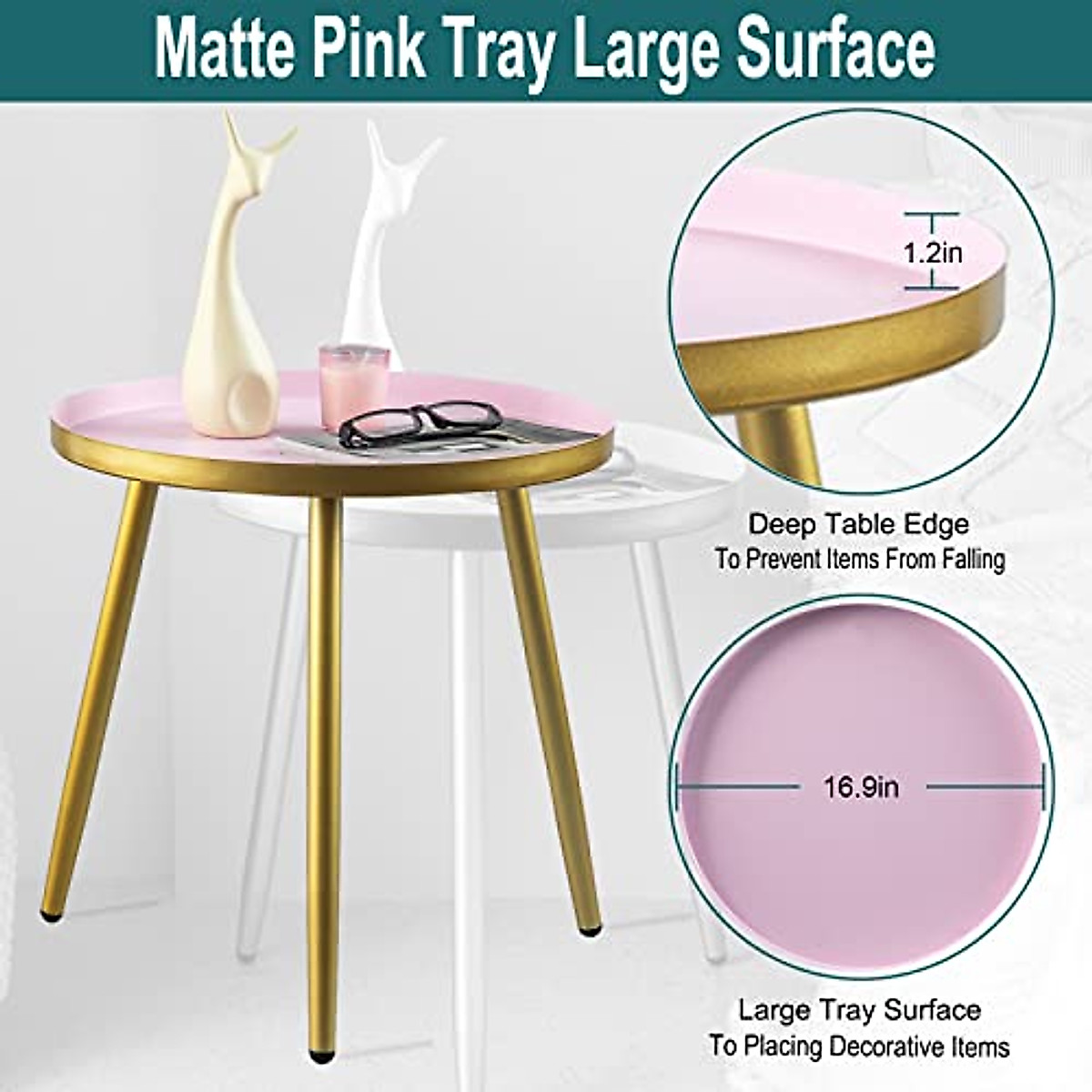 H HUIYKALY Kids Nightstand,Small Nightstand Bed Side Table for Kids Room,Small Table Round Nightstand for Bedroom,Pink/Gold