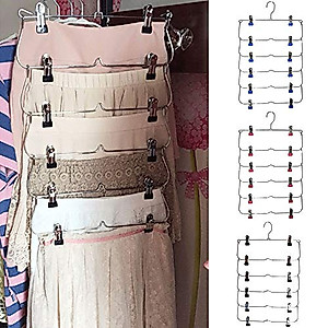 EYHLKM 6 Layer Foldable Non-Slip Trouser Space Saving Pants Skirt with Clips Steel Closet Organizer Hanger Tie Rack Wardrobe (Color : White-Dinosaur Doodle4)