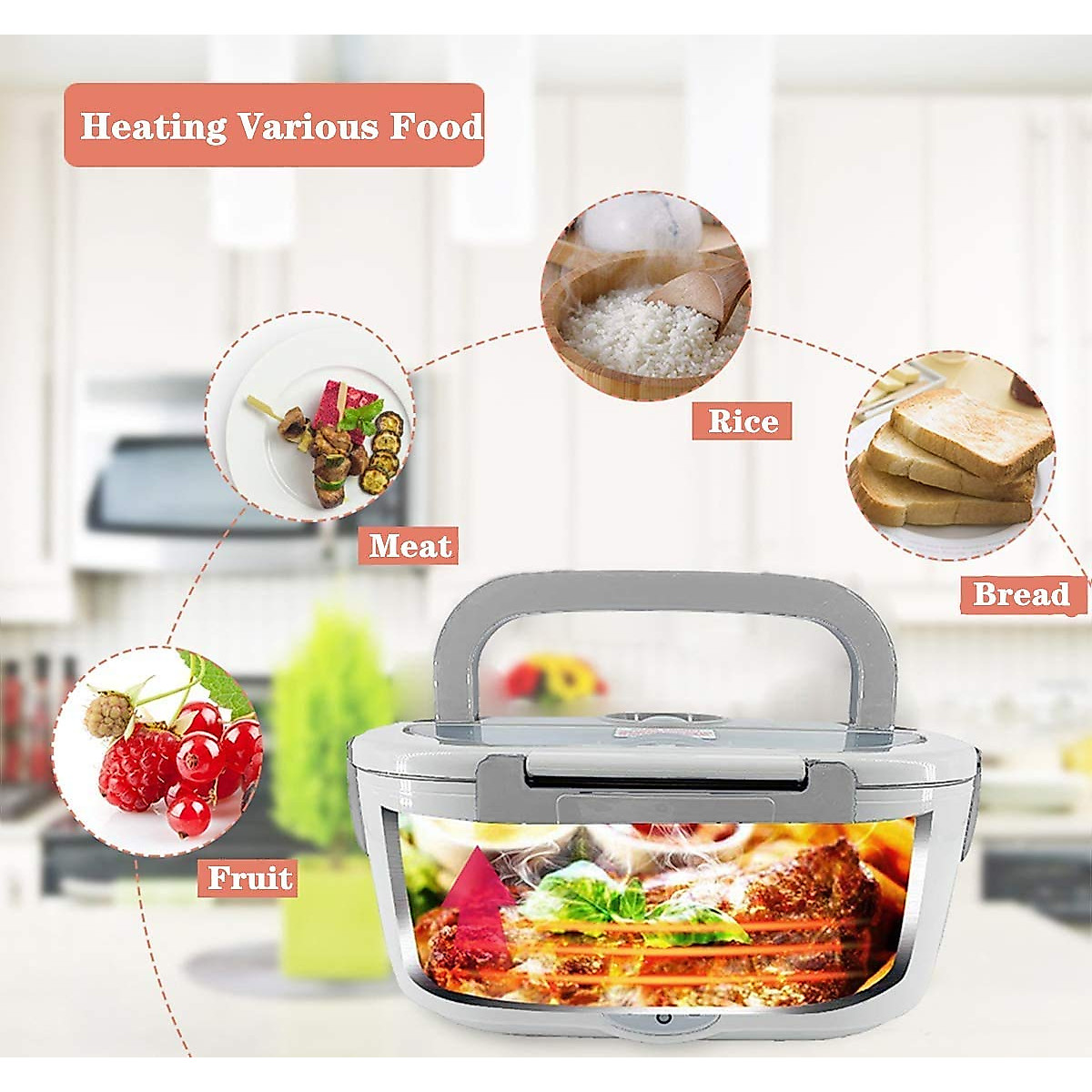 Electric Lunch Box, 3 in 1 Food Heater Portable Microwave Electric Lunch Boxes with Insulation Bag for Car Truck Office 12V 24V & 110V, 1.5L Stainless Steel Food Warmer and Heater Container (Grey)