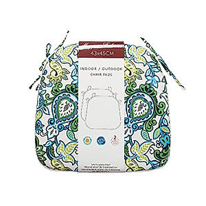 MAGPIE FABRICS Outdoor/Indoor Chair Cushions with Ties, Waterproof All Weather Patio Seat Pads for Patio Furniture Home Office Garden Decoration 17"x16"x2" (Botanical Blue Green, Set of 4)