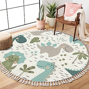 Round Rugs Dinosaur Baby boy Childish Sweet Dino with Palm and Cactus Boho Area Rug Linen and Cotton Carpet Meditation Rug Washable Hallway Runner Mat Accent Rug for Bedroom Bathroom 6ft