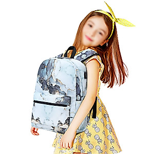 Girls School Backpack Marble Schoolbag Laptop Bookbag Insulated Lunch Tote Bag Purse Teens Boys Kids (Marble 23- Blue 3 piece)
