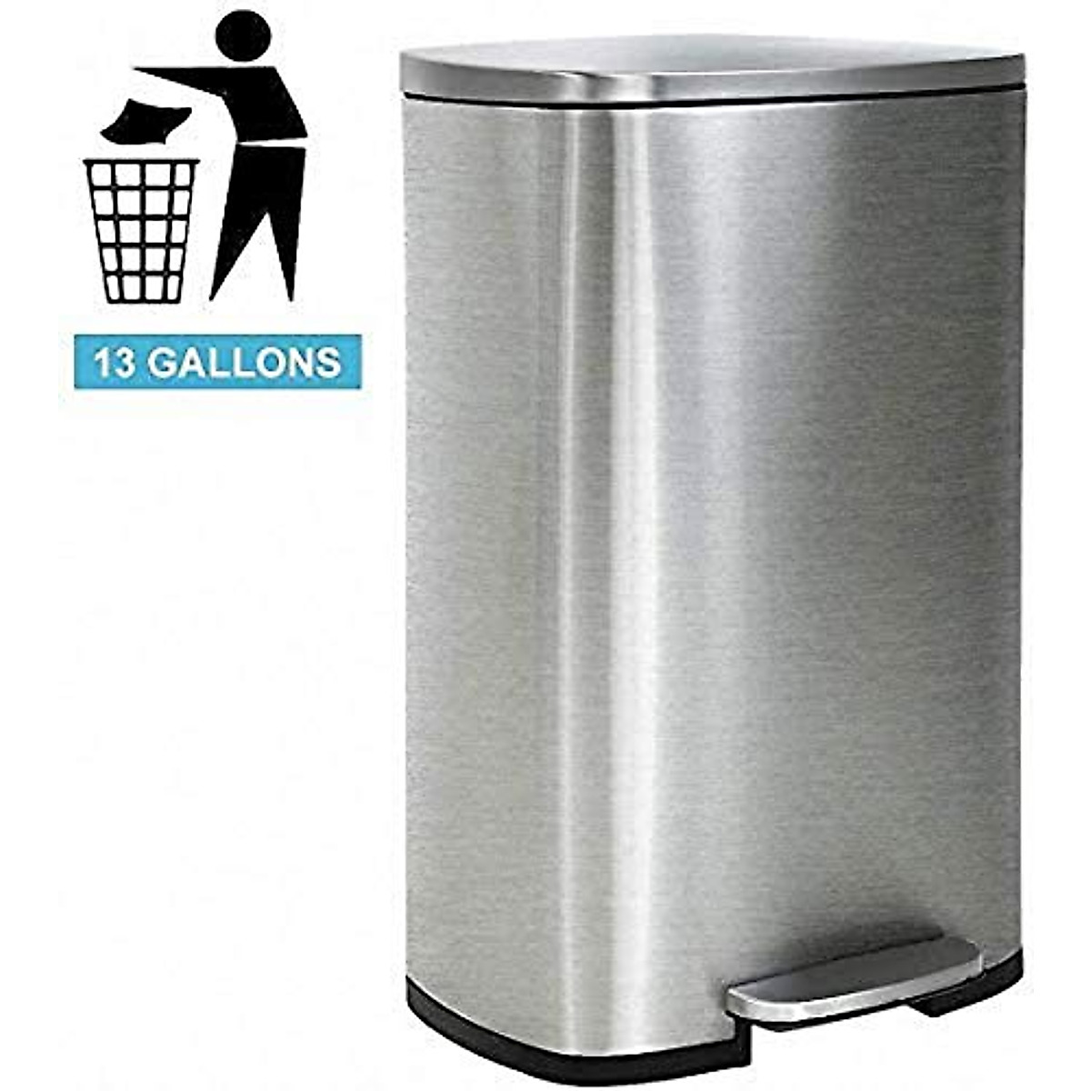 50 Liter/13.2 Gallon Kitchen Bathroom Step Trash Can, Stainless Steel Slim Garage Bin, Soft-Close Wastebasket with Lid for Powder Room, Bedroom, Craft Room, Office - Removable Liner Bucket- Silver