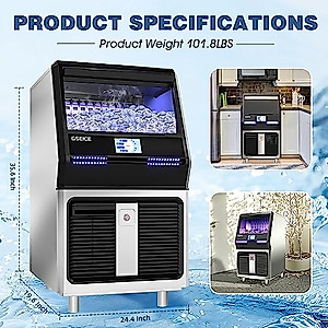 GSEICE Commercial Ice Maker Machine, Crescent Shaped Ice Cubes 280LBS/24H with 70 Pounds Storage Bin - 4.3 inch Touch Screen, Food-Grade Materials, 304 Stainless Steel Ice Making Machine