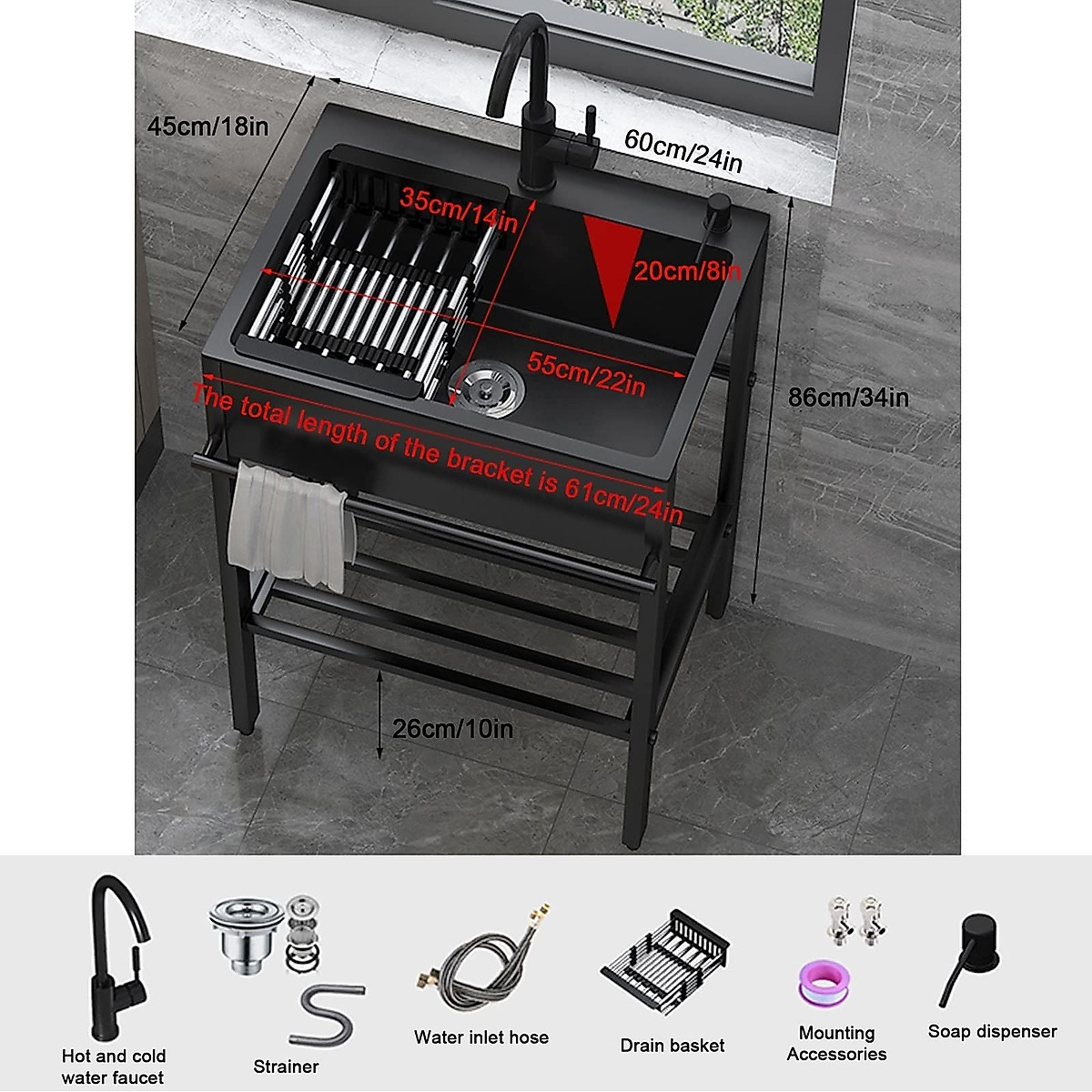 Commercial Stainless Steel Kitchen Sink, Outdoor Sink, 1 Compartment Free Standing Utility Sink Heavy Duty Floor Mounted Wash Station with Faucet and Storage Shelves for Indoor Outdoor ( Size : 60*45*