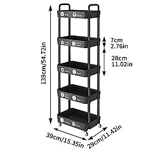 Laiensia 5-Tier Storage Cart,Multifunction Utility Rolling Cart Kitchen Storage Organizer,Mobile Shelving Unit Cart with Lockable Wheels for Bathroom,Laundry,with Classified Stickers,Black