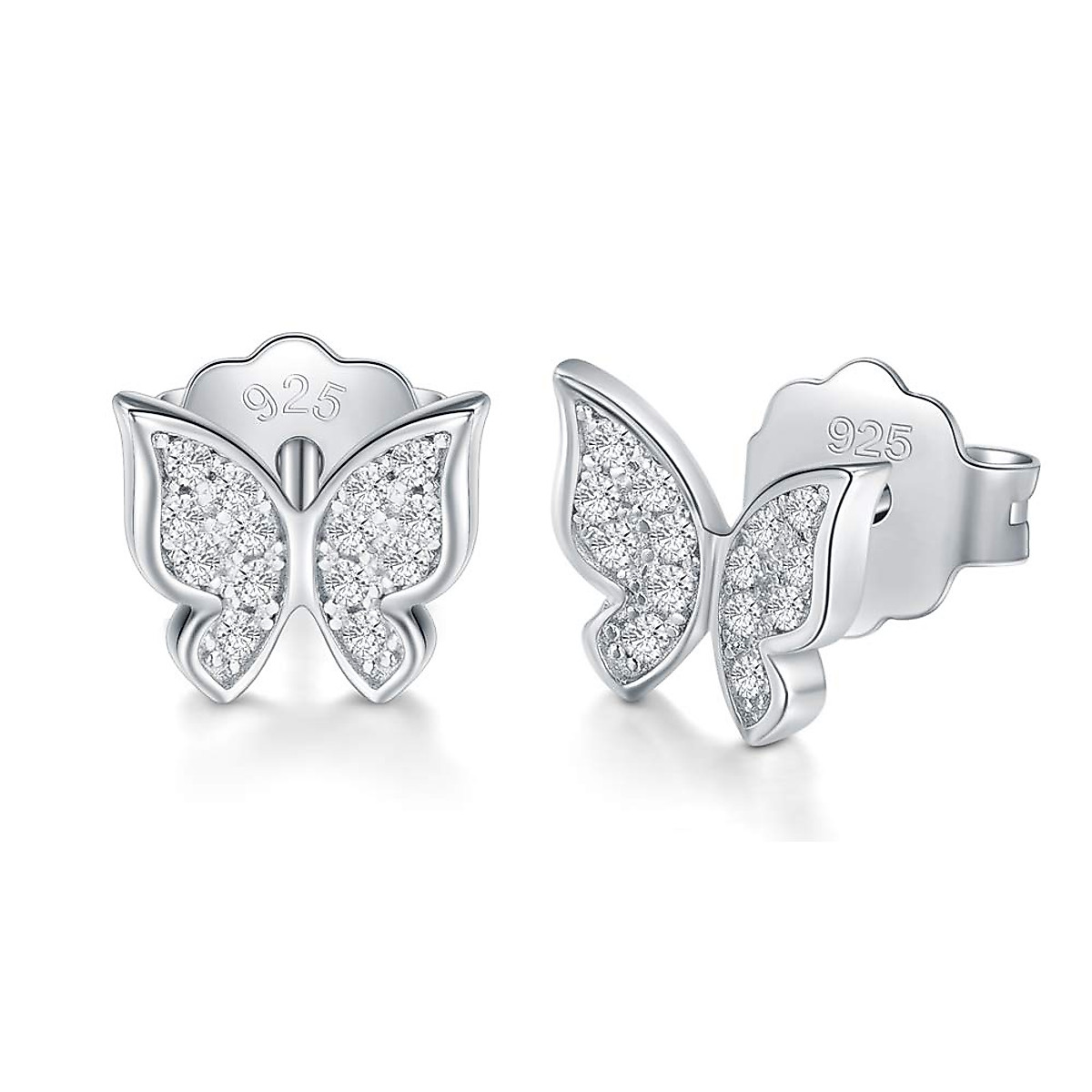 925 Sterling Silver Stud Earrings, BoRuo Cubic Zirconia Butterfly Earrings