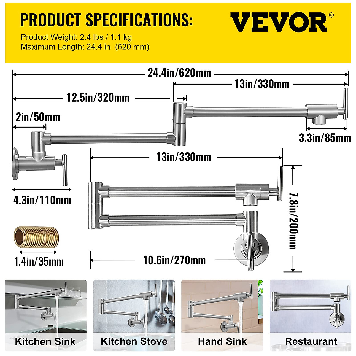 VEVOR Pot Filler Faucet, Solid Brass Commercial Wall Mount Kitchen Stove Faucet with Matte Black Finish, Folding Restaurant Sink Faucet with Double Joint Swing Arm & 2 Handles 24.4"