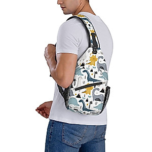 Cute Cartoon Dinosaur Sling Bag Crossbody Backpack Childish Seamless Pattern with Hand Drawn Dinosaurs in Scandinavian Style Travel Hiking Daypack Funny Abstract Chest Shoulder Bag for Women Men