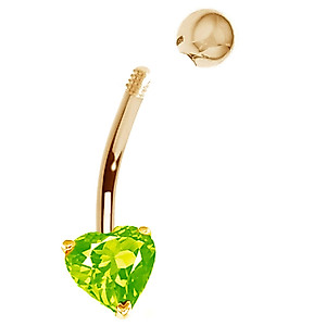 Ritastephens 14k Solid Yellow Gold Genuine Peridot Heart Belly Button Navel Ring Body Art