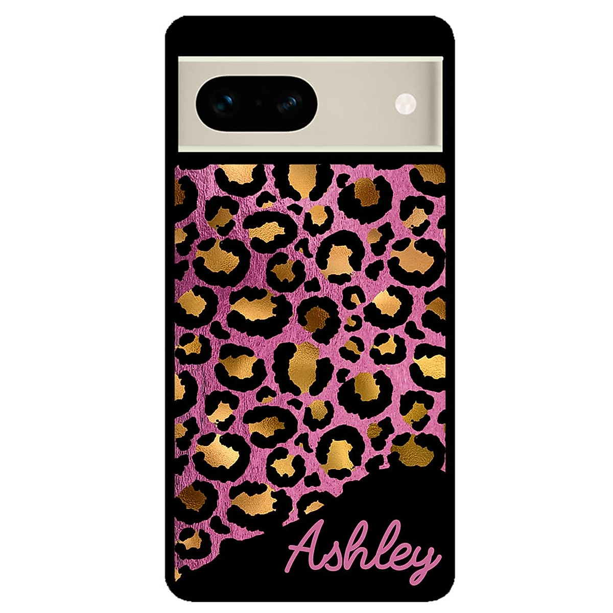 Leopard Skin Pink Gold Foil Personalized Black Rubber Phone Case Compatible With Google Pixel 8 Pro, 8a, 8, 7a, 7, Pixel 7 Pro, 6a, 6 Pro, 6, 5, 4a 5G, 4a 4G, 4, 4 XL, 3a, 3a XL, 3, 3 XL, 2 XL, 2