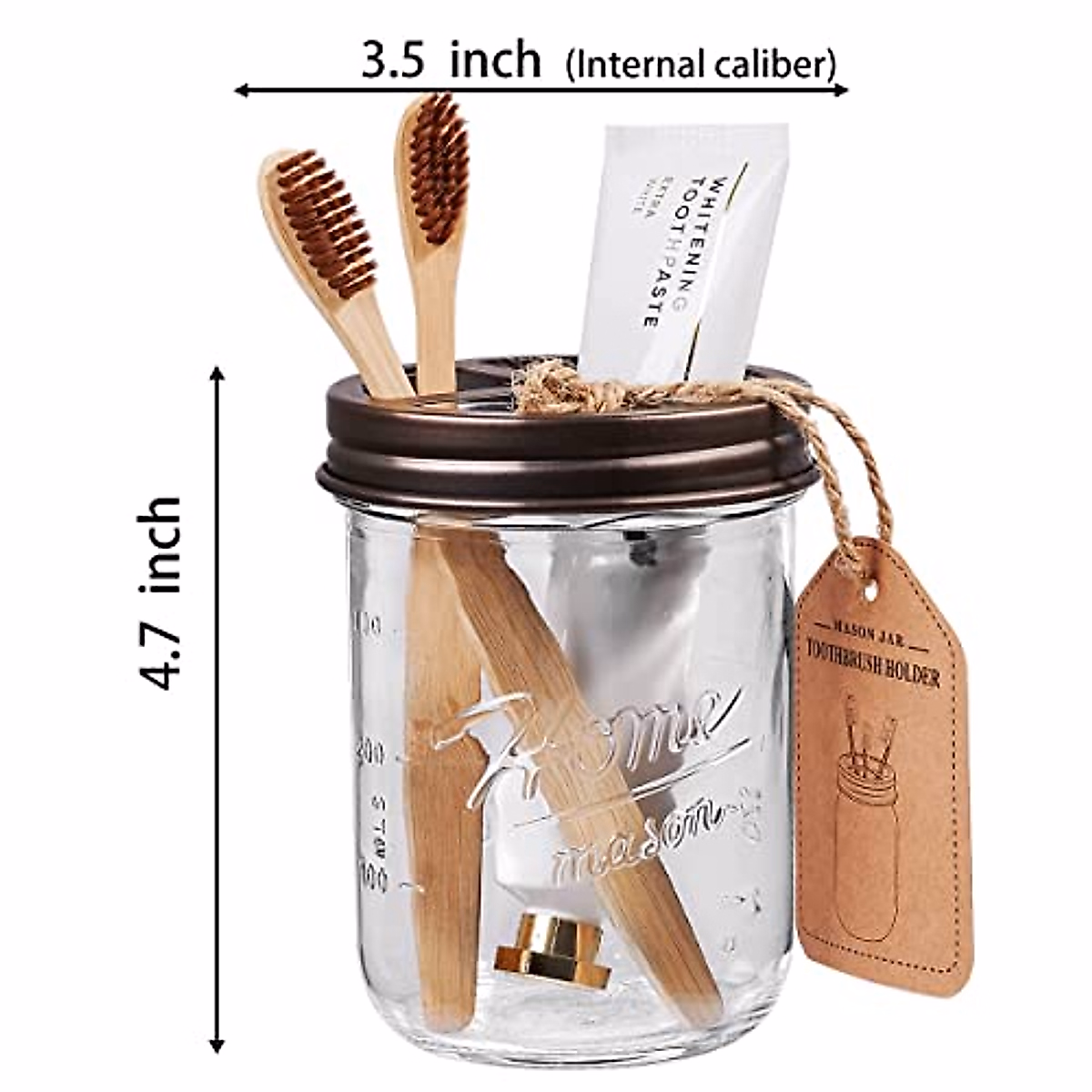 Mason Jar Bathroom Accessories Set - Includes Mason Jar Foaming Hand Soap Dispenser and Toothbrush Holder - Rustic Farmhouse Decor Apothecary Jars Bathroom Countertop and Vanity Organizer (Bronze)