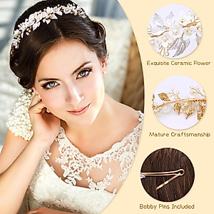 Oriamour Gold Bridal Headbands Wedding Headpieces With Ceramic Flowers Wide Pearl Wedding Hair Accessories For Women And Girls