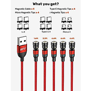Fast Charging Magnetic Charging Cable(5Pack-1.6ft/3.3ft/6.6ft/6.6ft/6.6ft), AUFU Magnetic Charger Cable USB C Magnetic Fast Charger 3A Fast Charging Data Transfer Magnetic Cable for Micro USB Type C