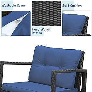 Tangkula 3 Pieces Patio Wicker Rocking Bistro Set, Outdoor Rocking Chair Furniture Set w/Cushioned Seat, Conversation Set w/Glass Coffee Table and Storage Shelf (Navy Blue)